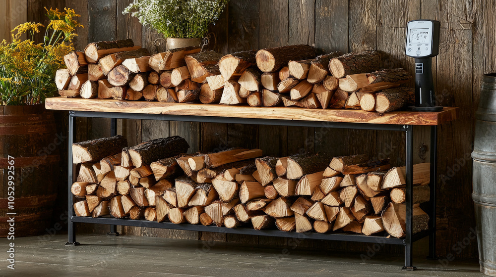 rustic wooden log storage rack filled with neatly stacked firewood ...