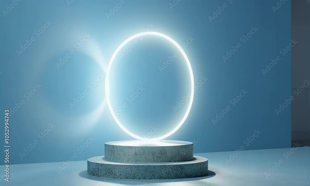 White glowing light ring around podium, abstract background for product ...
