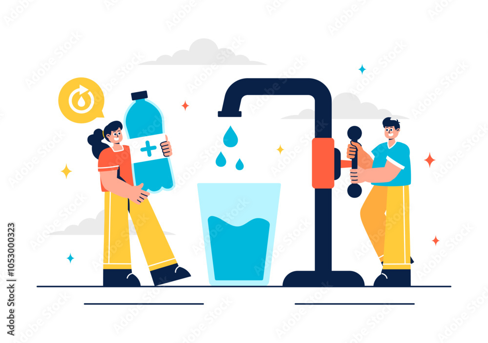 Vector Illustration of People Drinking Water from Plastic Bottles and ...