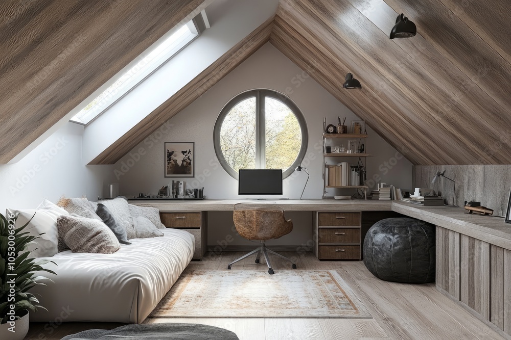 Stylish attic workspace with sloped ceilings, large skylights, modern ...