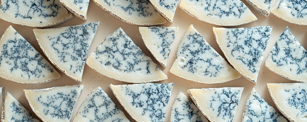 A repeating pattern of blue cheese wedges with intricate blue veins, an ...