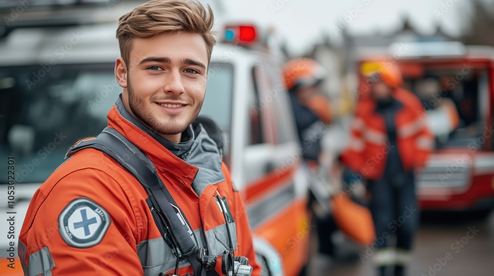 Smiling Male Paramedic with Ambulance Background. Smiling male ...