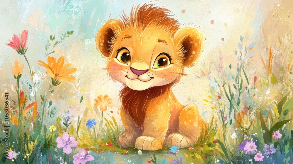 Cartoon lion cub with soft mane, set in pastel savannah with ...