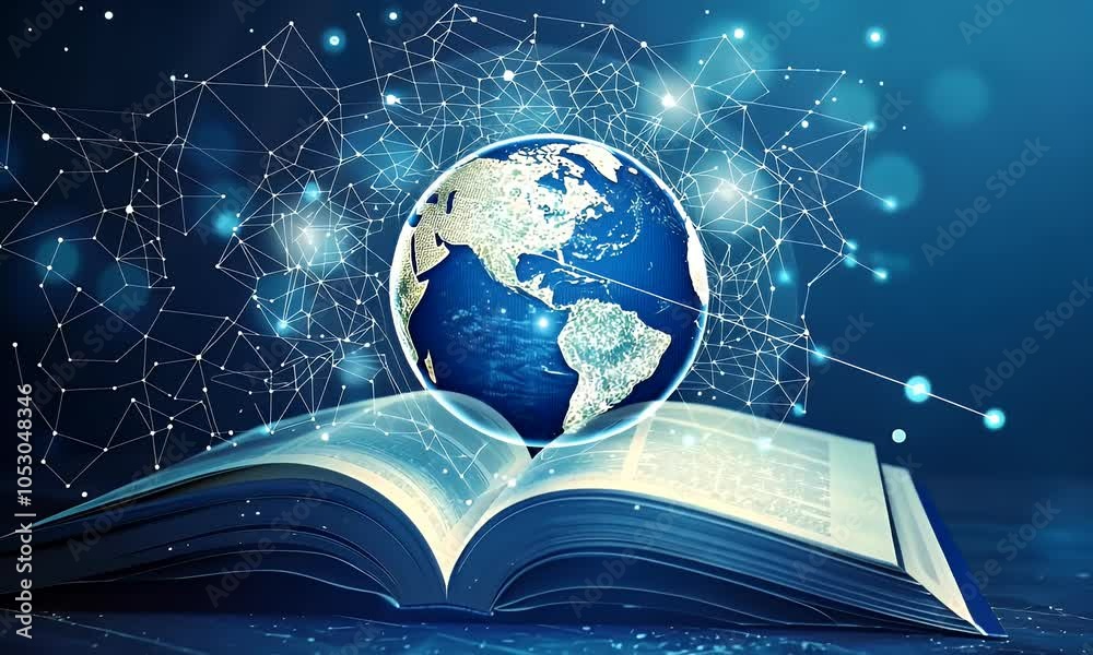 Abstract digital world emerging from an open book, symbolizing the ...