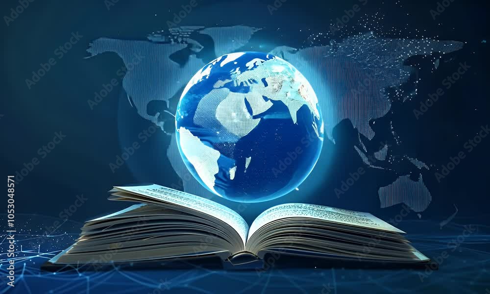 Abstract digital world emerging from an open book, symbolizing the ...