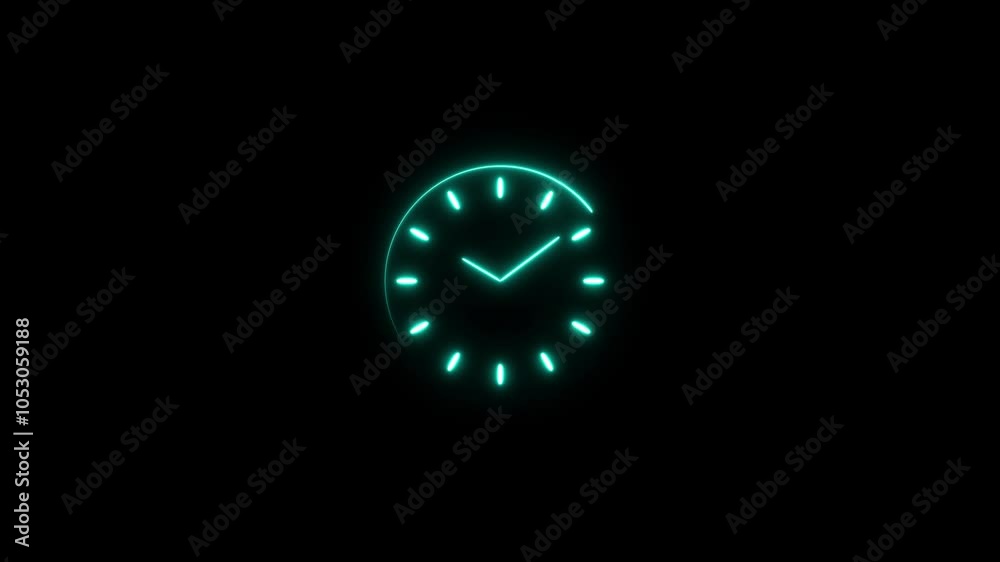 Clock icon neon glowing cyan color animation. Analog and digital clock ...