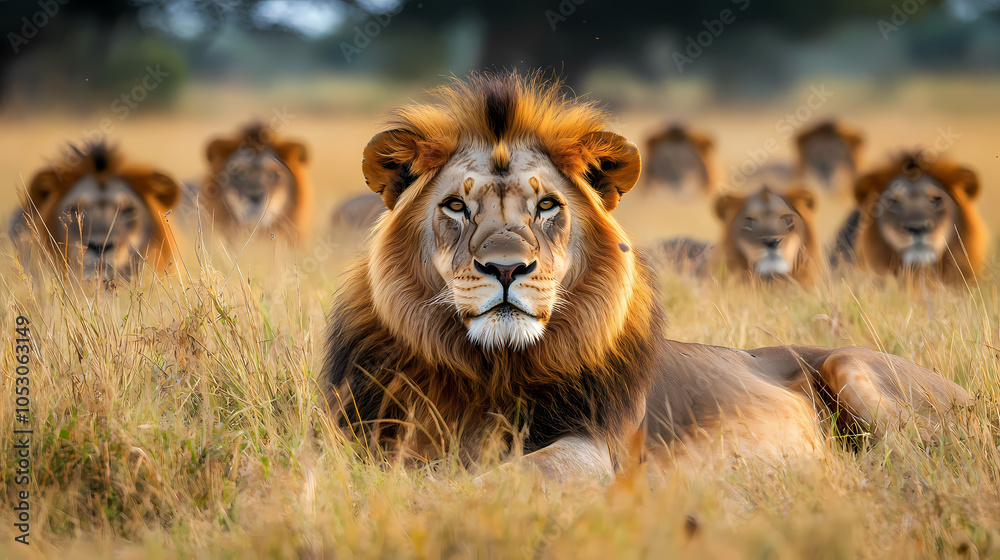 Majestic pride of lions lazing in golden savannah grass, vibrant manes ...
