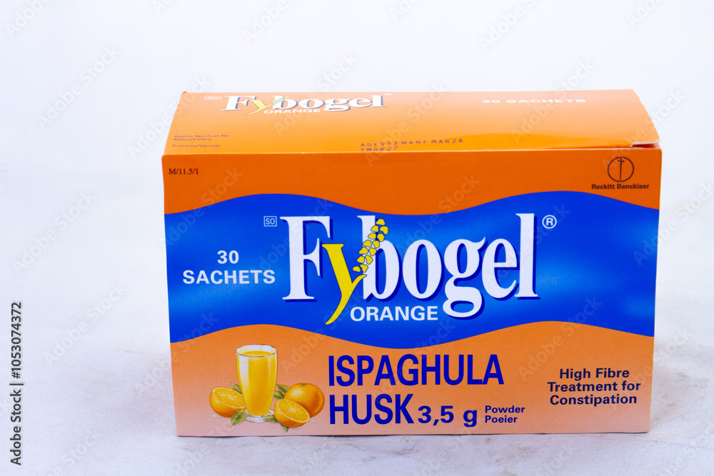 Johannesburg, South Africa - a pack of Fybogel ispaghula husk isolated ...
