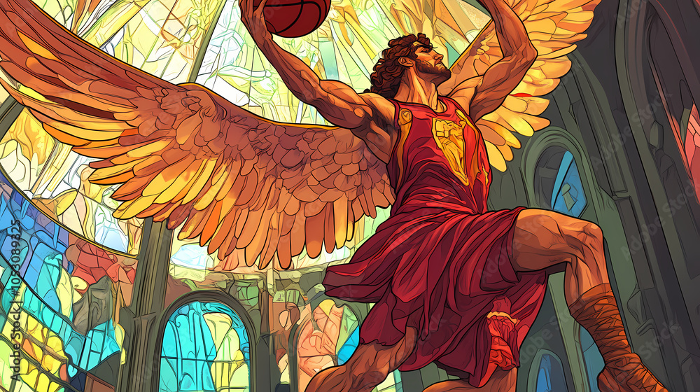 Winged messenger god performing dramatic basketball slam dunk in ...