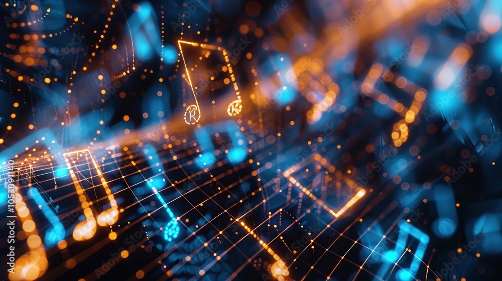 closeupA dynamic wireframe mesh composition of musical notes and sound ...