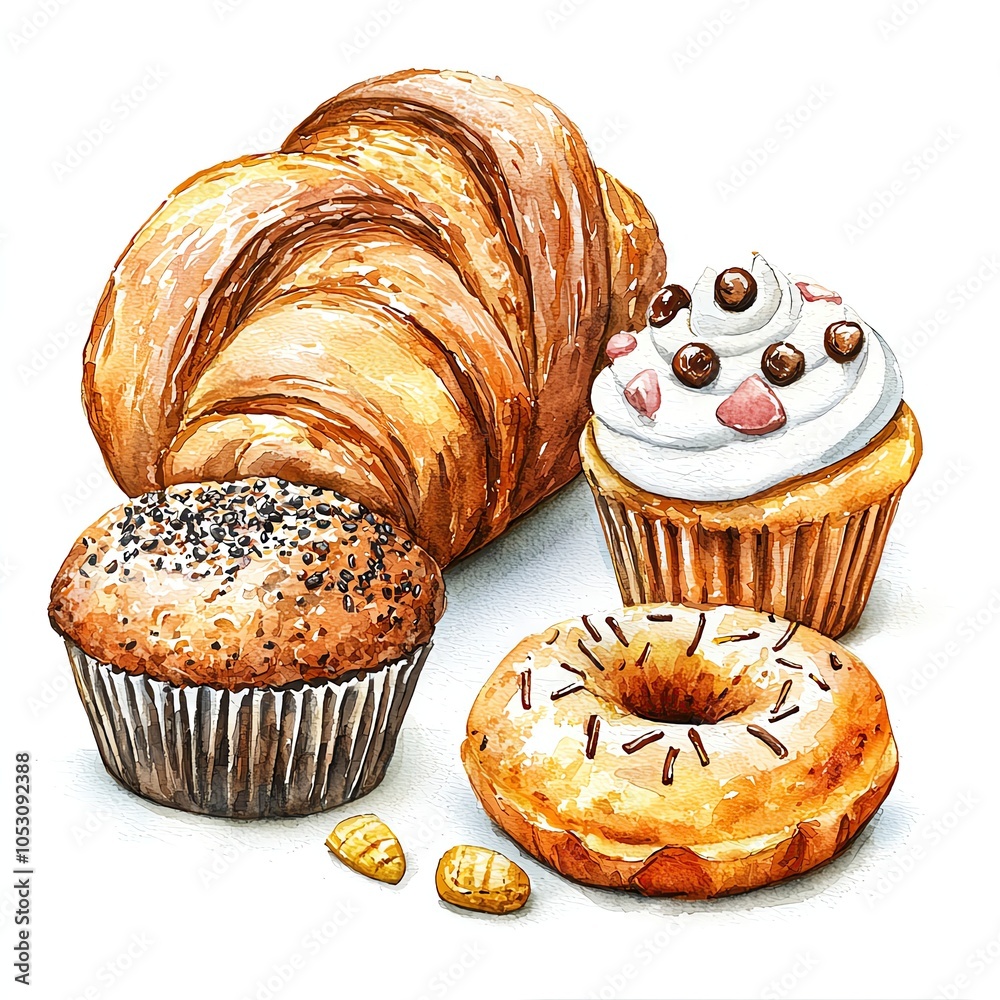 pastel watercolor art collection set Assorted baked goods on a white ...