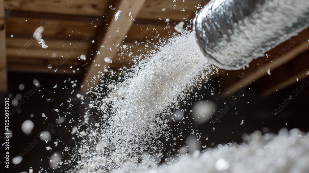 close up of cellulose insulation being blown into space, showcasing ...