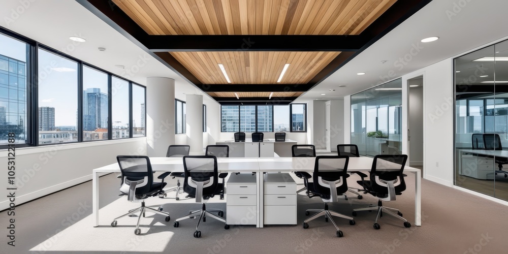 Modern office interior, luxurious meeting room, floor-to-ceiling ...