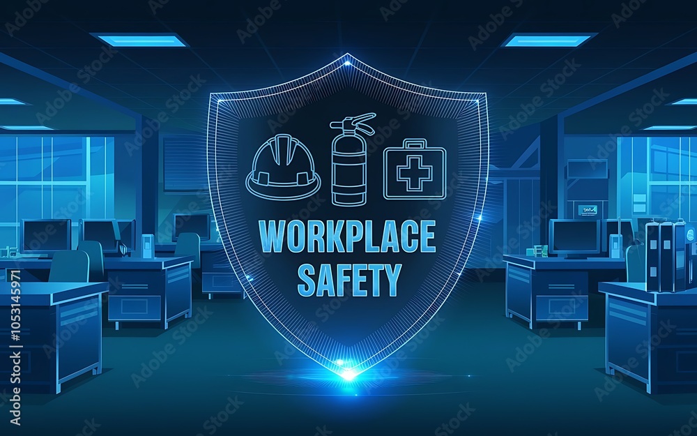 Workplace Safety Shield: A glowing holographic shield with safety icons ...