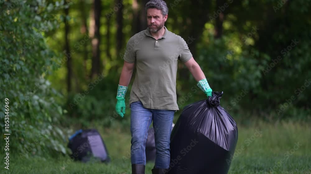 Volunteer man picking plastic trash for cleaning the nature. Clean up ...