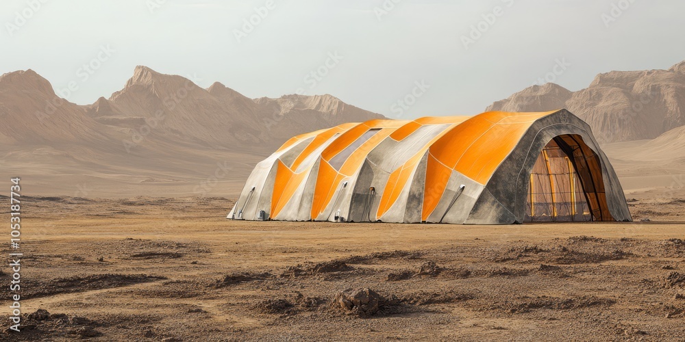 Foto de A modern military hangar tent with a bold orange and grey ...
