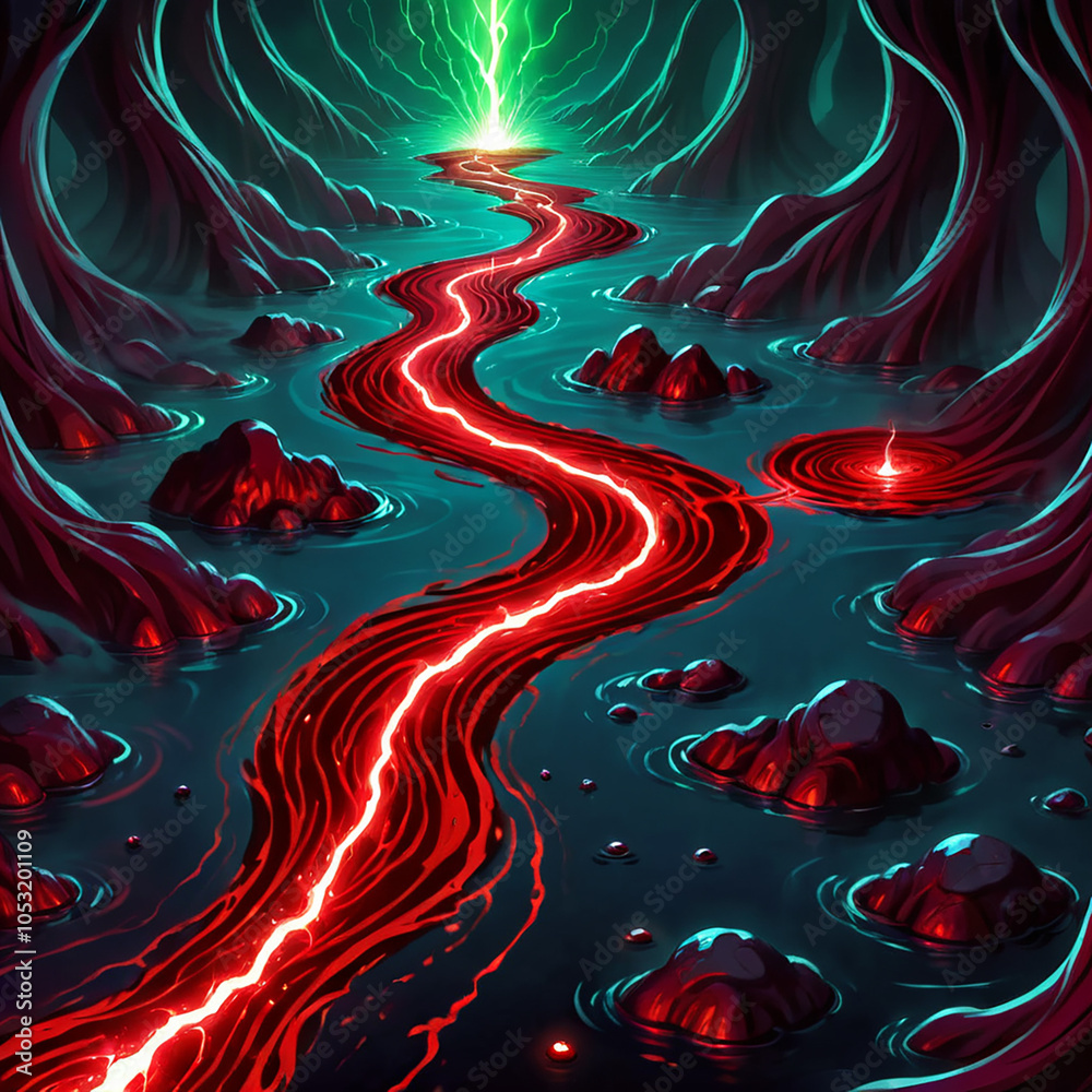 A glowing red river flows through a dark, watery forest. The river ...