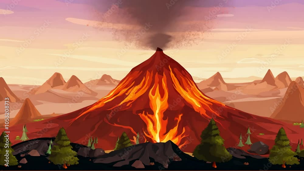 4k animated scene Volcano repeating virtual erupting seamless nature ...