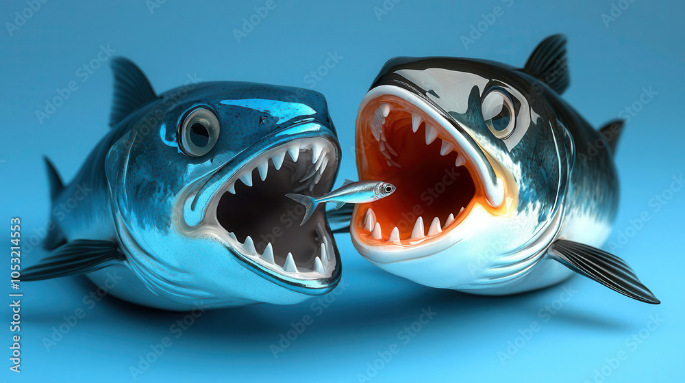 Apex predator fish about to swallow a tiny fish, power concept, Stock ...