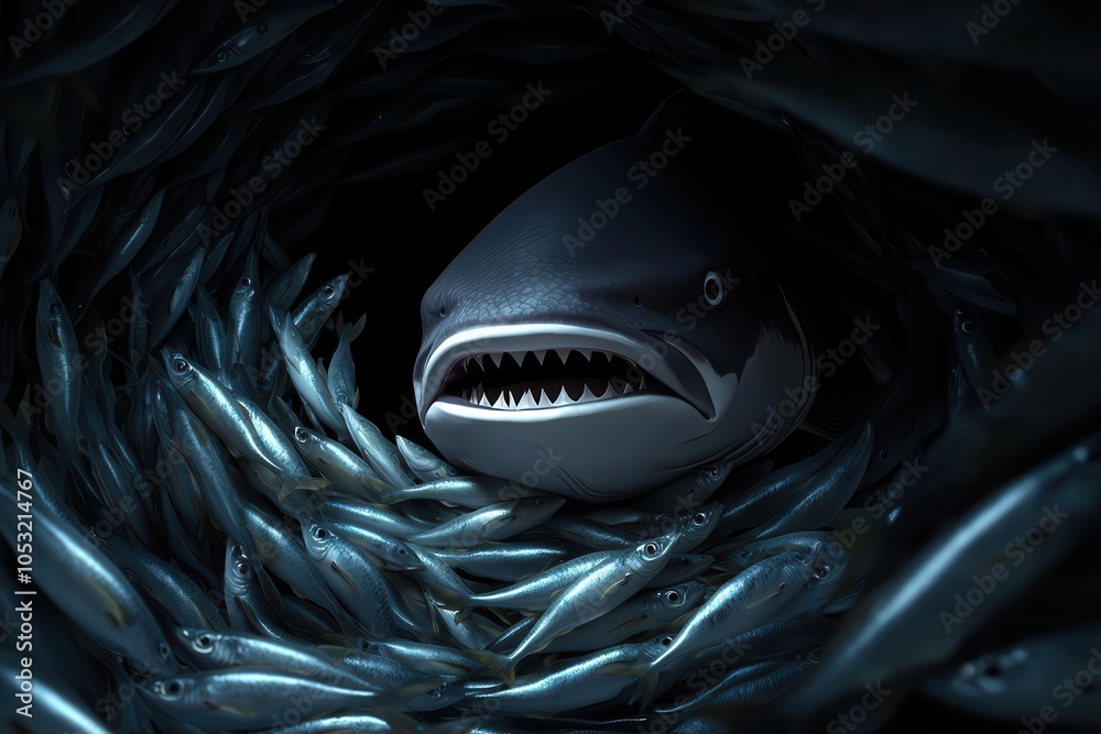 Predatory fish about to consume a school of smaller fish, 3D ...