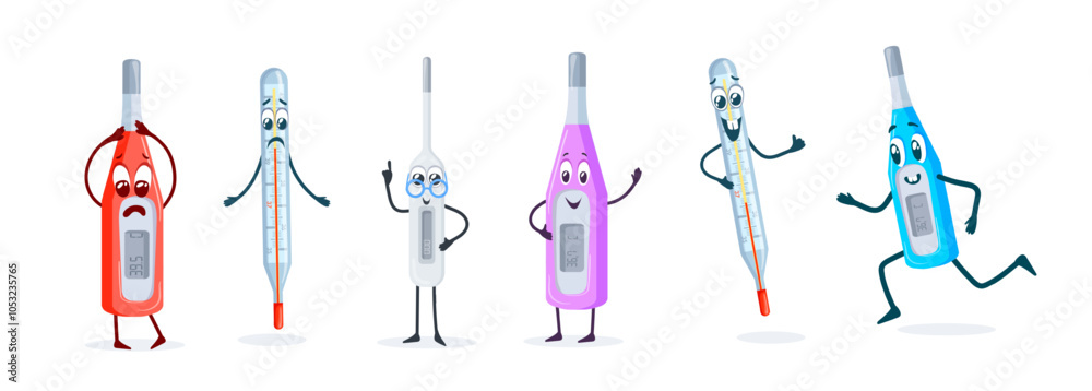 Thermometer mascot. Thermometers cartoon characters with funny face and ...