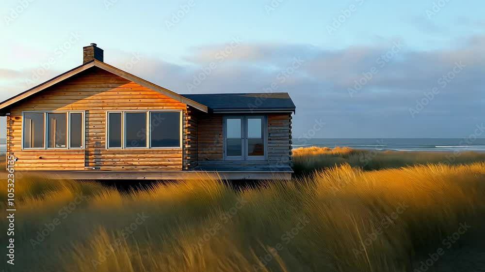 Beachfront Cabin with Golden Grass, wooden cabin, log cabin, beach ...