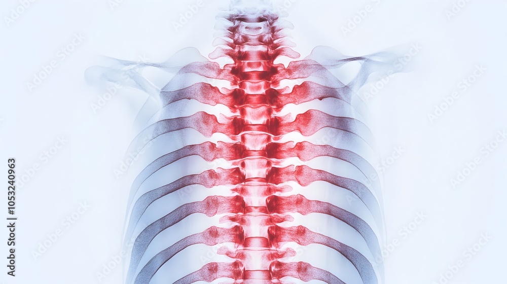 X ray image showcasing misaligned vertebrae in the spine with a red ...