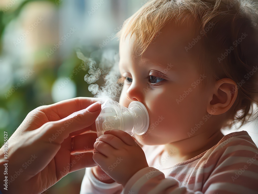 Nurse carefully administering inhalation therapy to sick infant, using ...