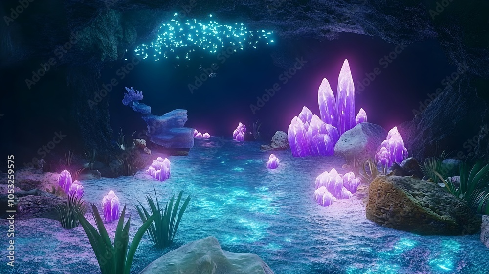 Captivating 3D rendered image of an underwater cave filled with glowing ...