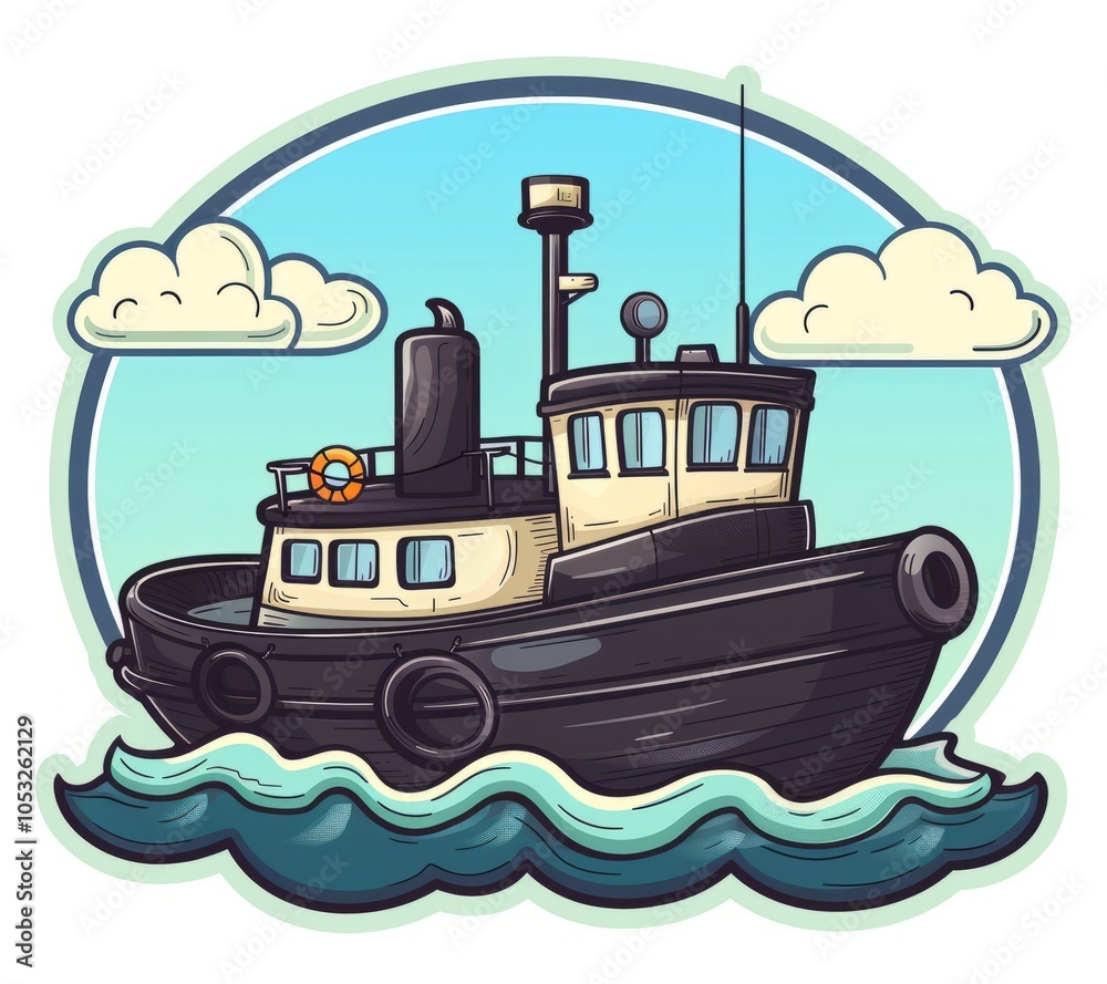 Cute Cartoon Tugboat on the Sea: Black and White Vector Clip Art Sticker Stock Illustration ...