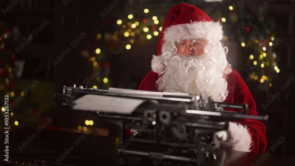 Funny Santa Claus using old typewriter for writing letter in Christmas ...