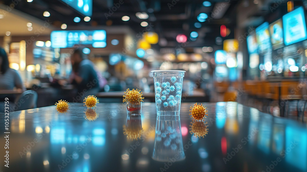 Depiction of bacteria icons on a table at a food court, illustrating ...