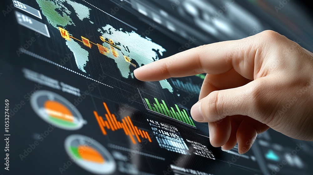 Hand pointing to a graph on a computer screen, dashboard displaying ...