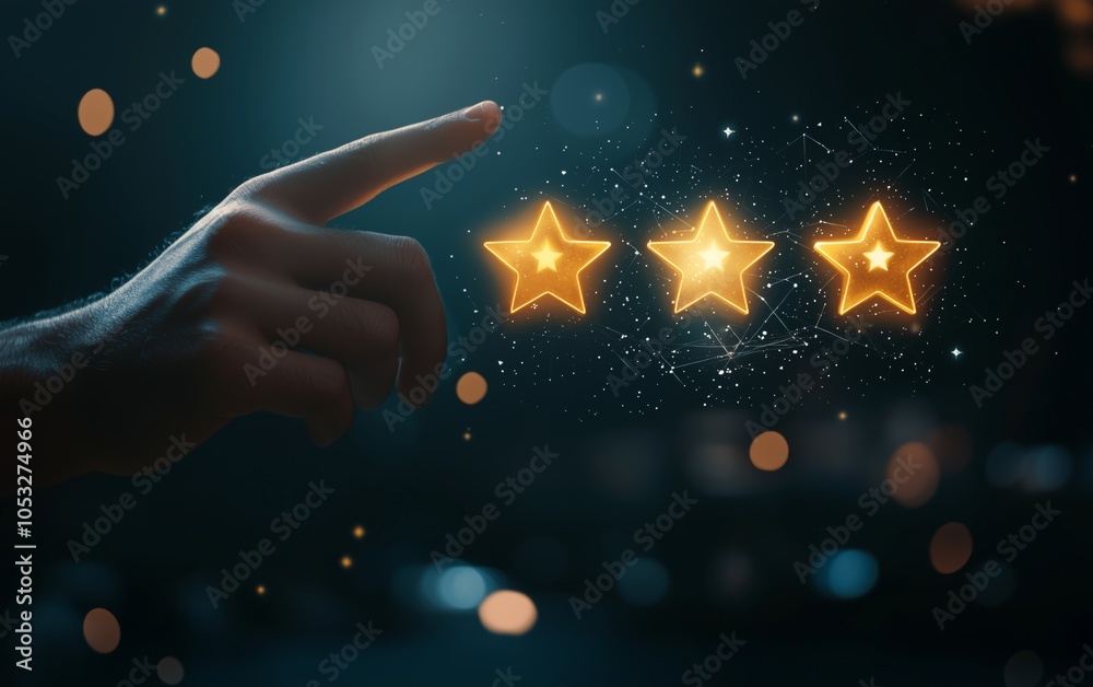 Close up photo of customer hand reviewing feedback five star symbol ...