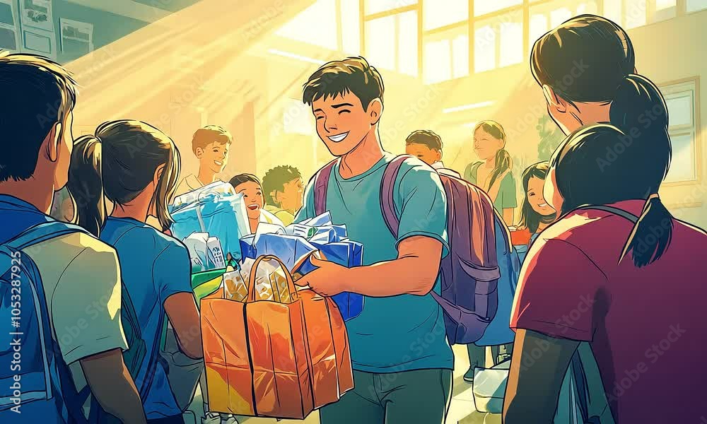 School Children Exchanging Gifts in Classroom illustration cartoon with ...