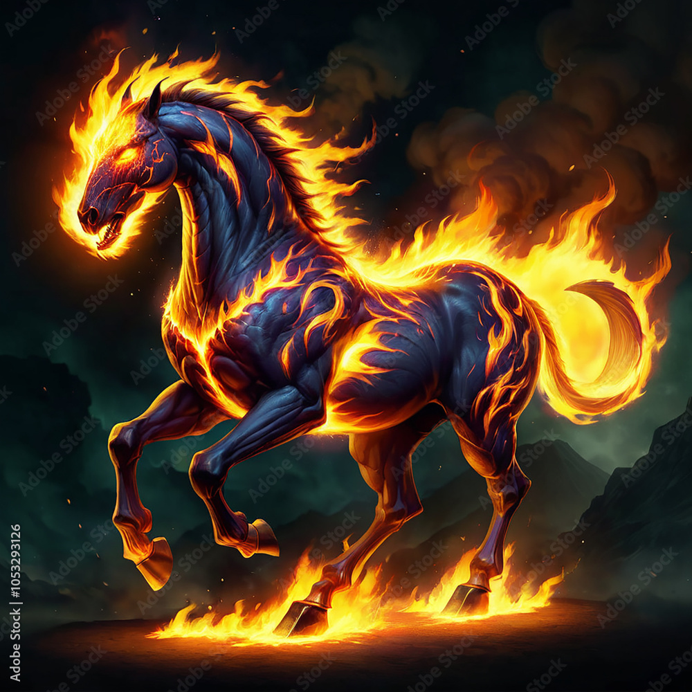 A digital illustration depicting a fiery horse with flames engulfing ...