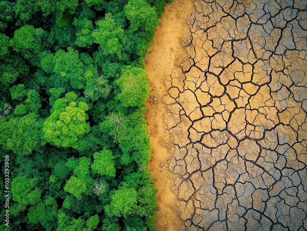 Lush green forests transitioning to dry, cracked earth, illustrating deforestation and its ...