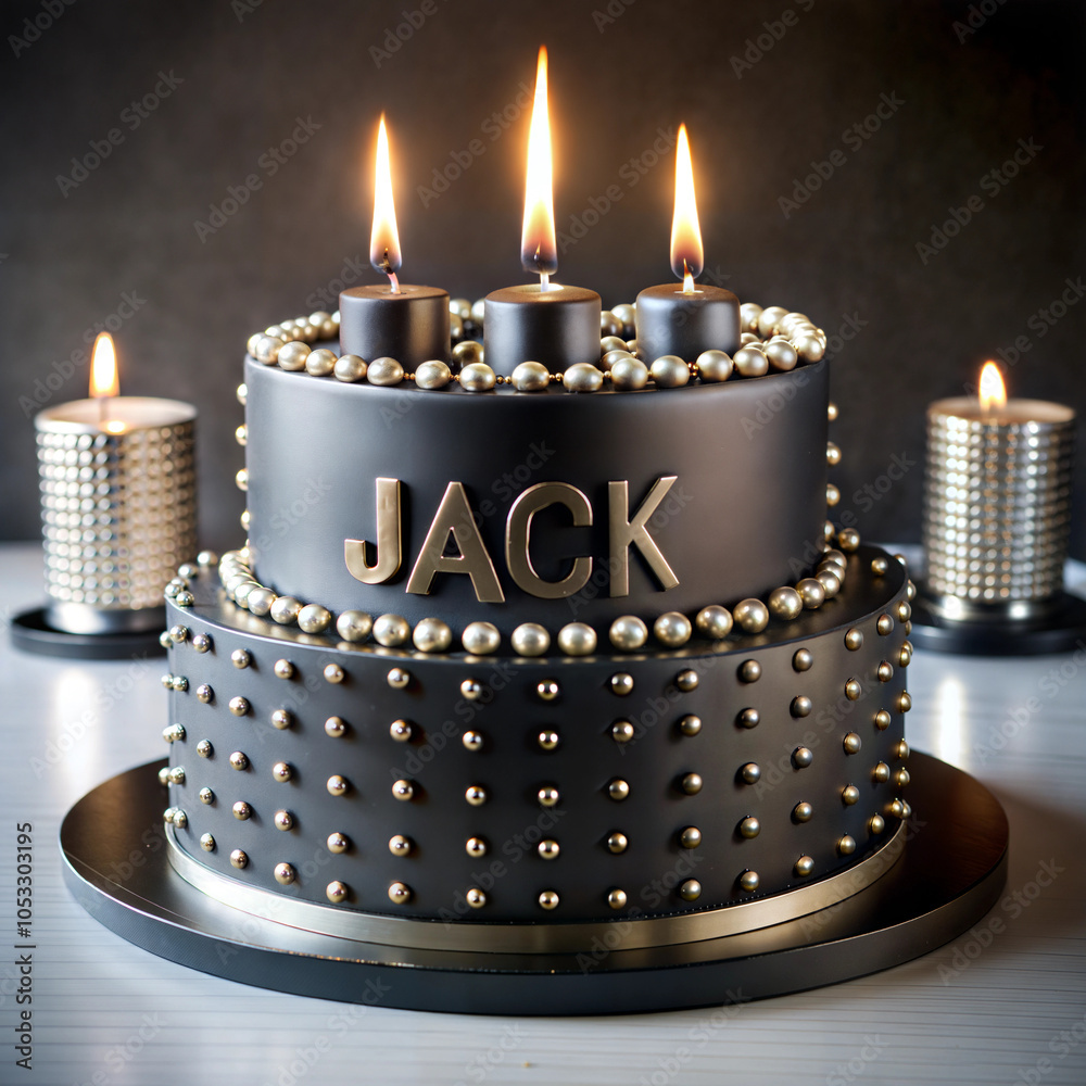 Elegant black birthday cake with the word "Jack" with candles and ...
