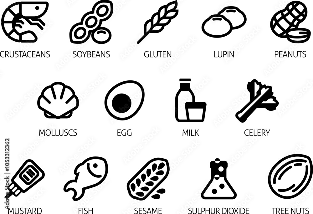 Food allergen allergy icons. include big 8 FDA Major Allergens and 14 ...