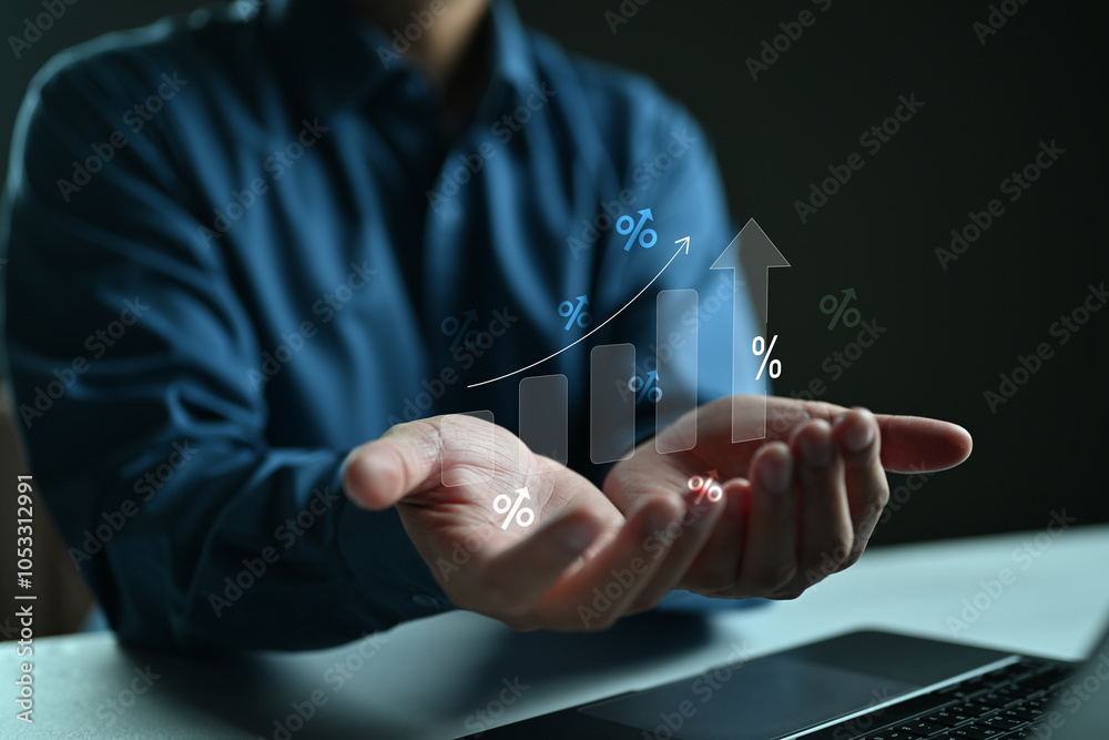 Hand holding graph with percentage, special offer of shopping ...