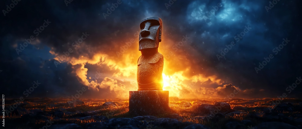 Moai statue illuminated by sunset, surrounded by dramatic clouds and ...