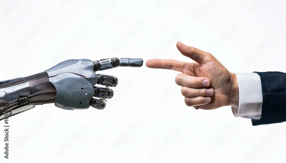 Bionic Hand and white Human Hand Finger Pointing to each other digital ...