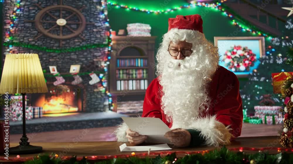 Portrait of Father Christmas reading a wish list from children in North ...