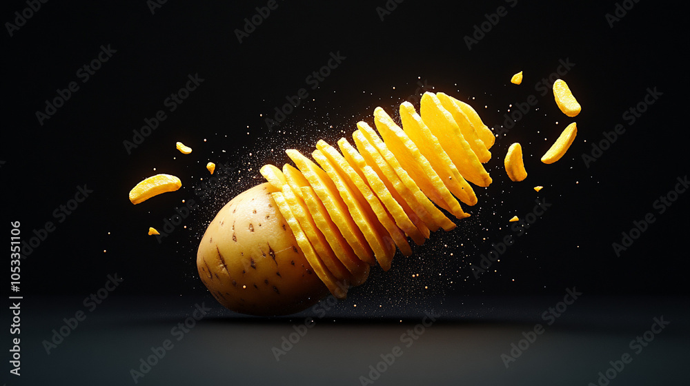 Potato Chip Explosion: A whole potato explodes into a cascade of golden ...