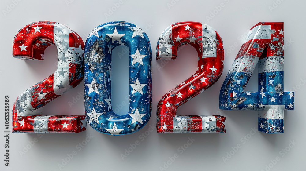 Patriotic 2024 Logo with American Flag Colors, Featuring 3D Numbers in ...