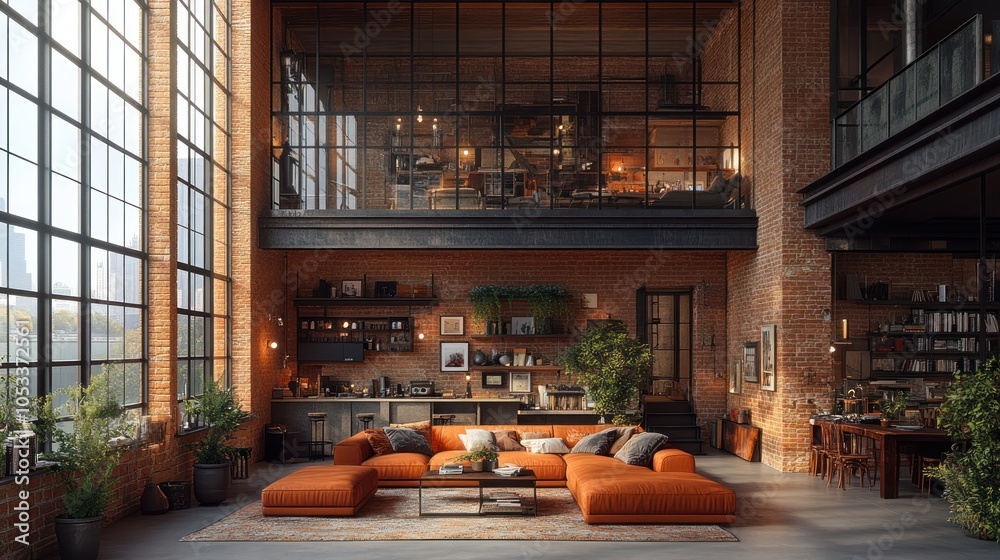 Open-concept loft with exposed brick walls, large windows, and modern ...