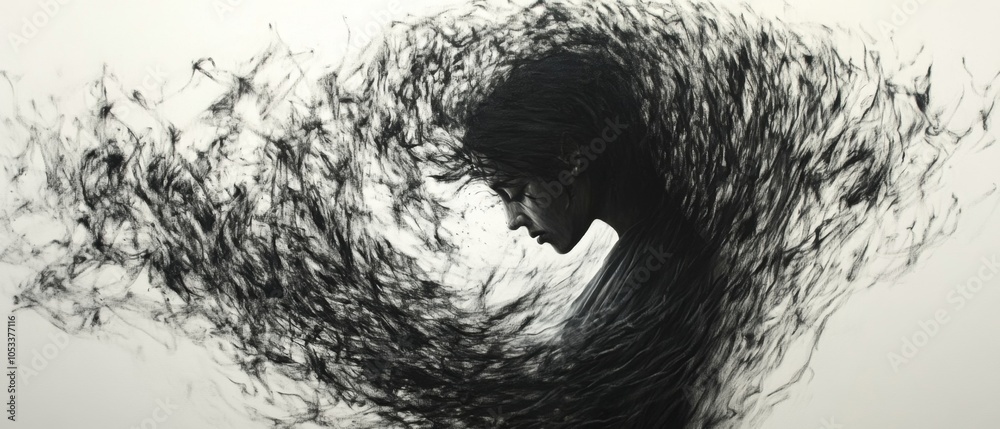 An individual trapped within a vortex of tangled thoughts, portraying ...