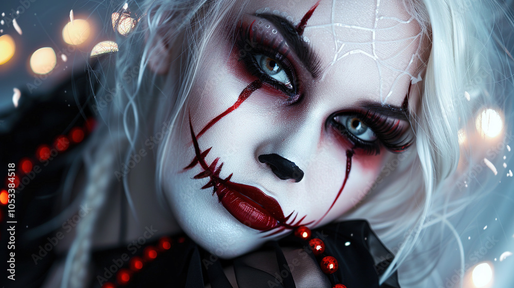 Vampire-inspired Halloween makeup with pale skin, dark eyeshadow, red ...