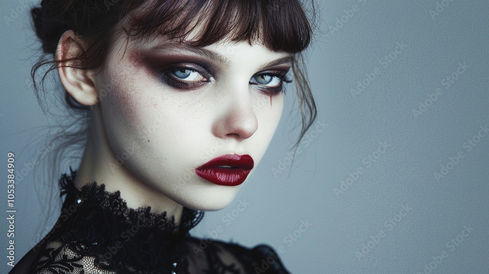 Vampire-inspired Halloween makeup with pale skin, dark eyeshadow, red ...