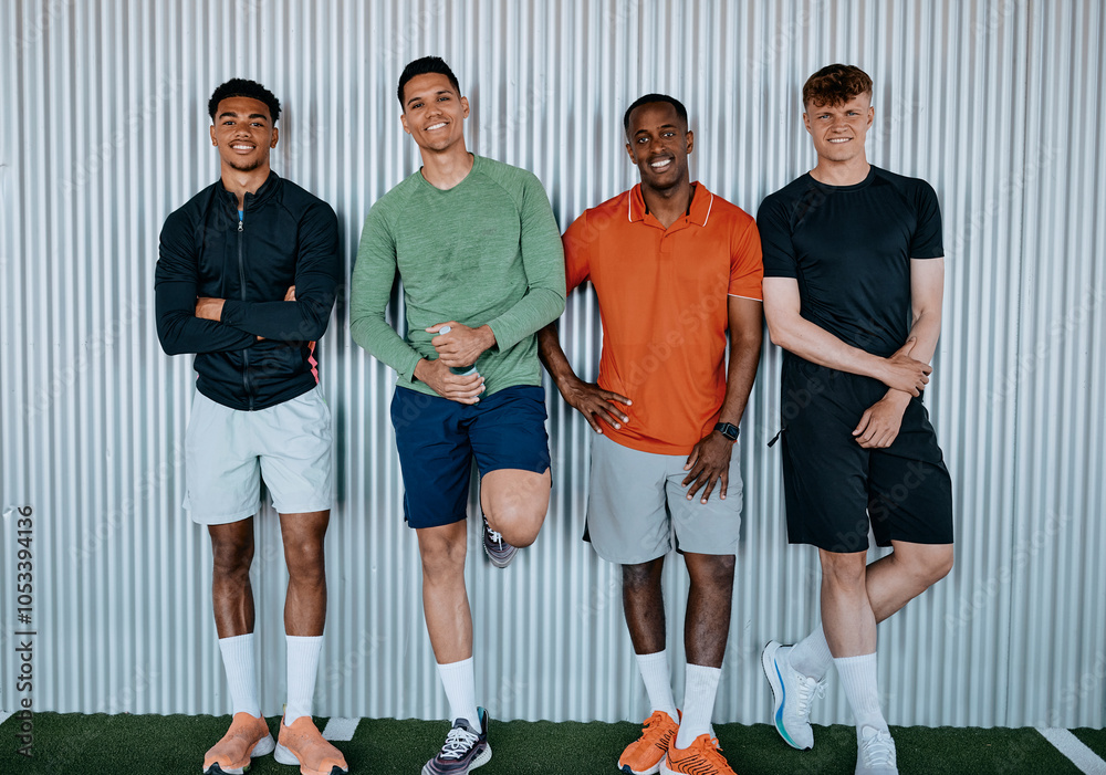 Diverse group of fit young men in sportswear smiling together while ...